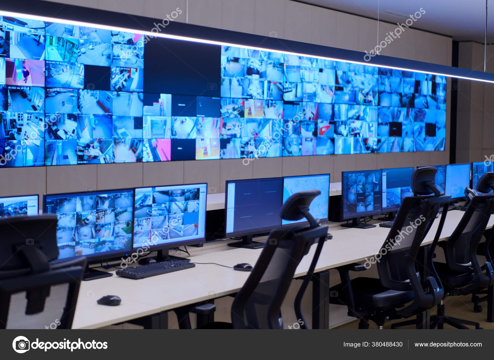 Empty Interior Big Modern Security System Control Room Workstation Multiple — Stock Photo ...