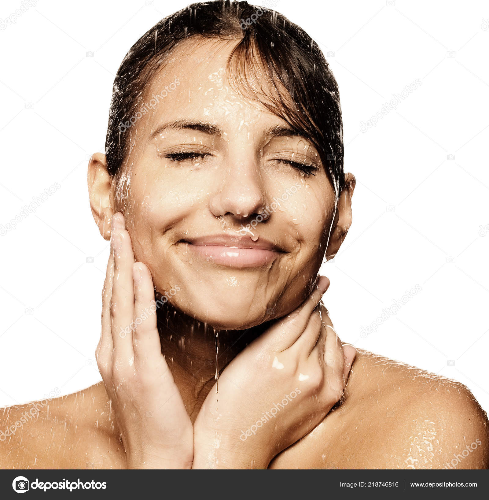 Woman face with water drop Stock Photo by ©kanareva 218746816