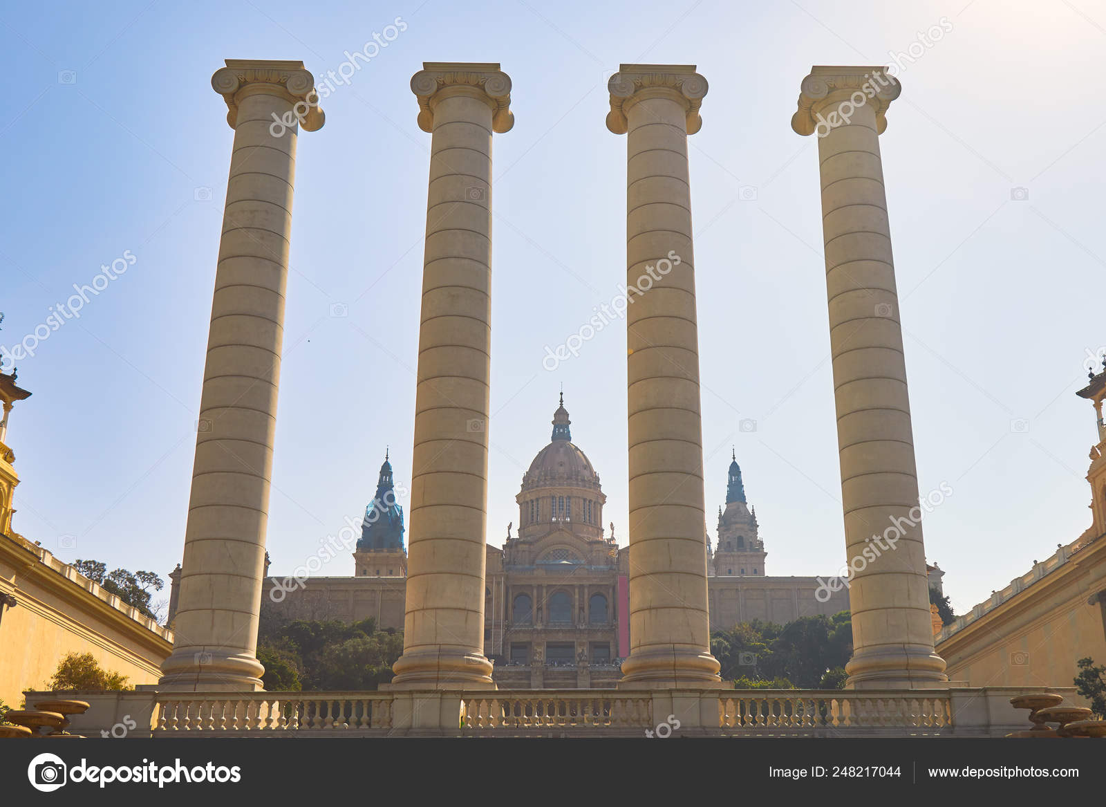 Big, strong stone columns on the street in Barcelona in Spain, hill ...