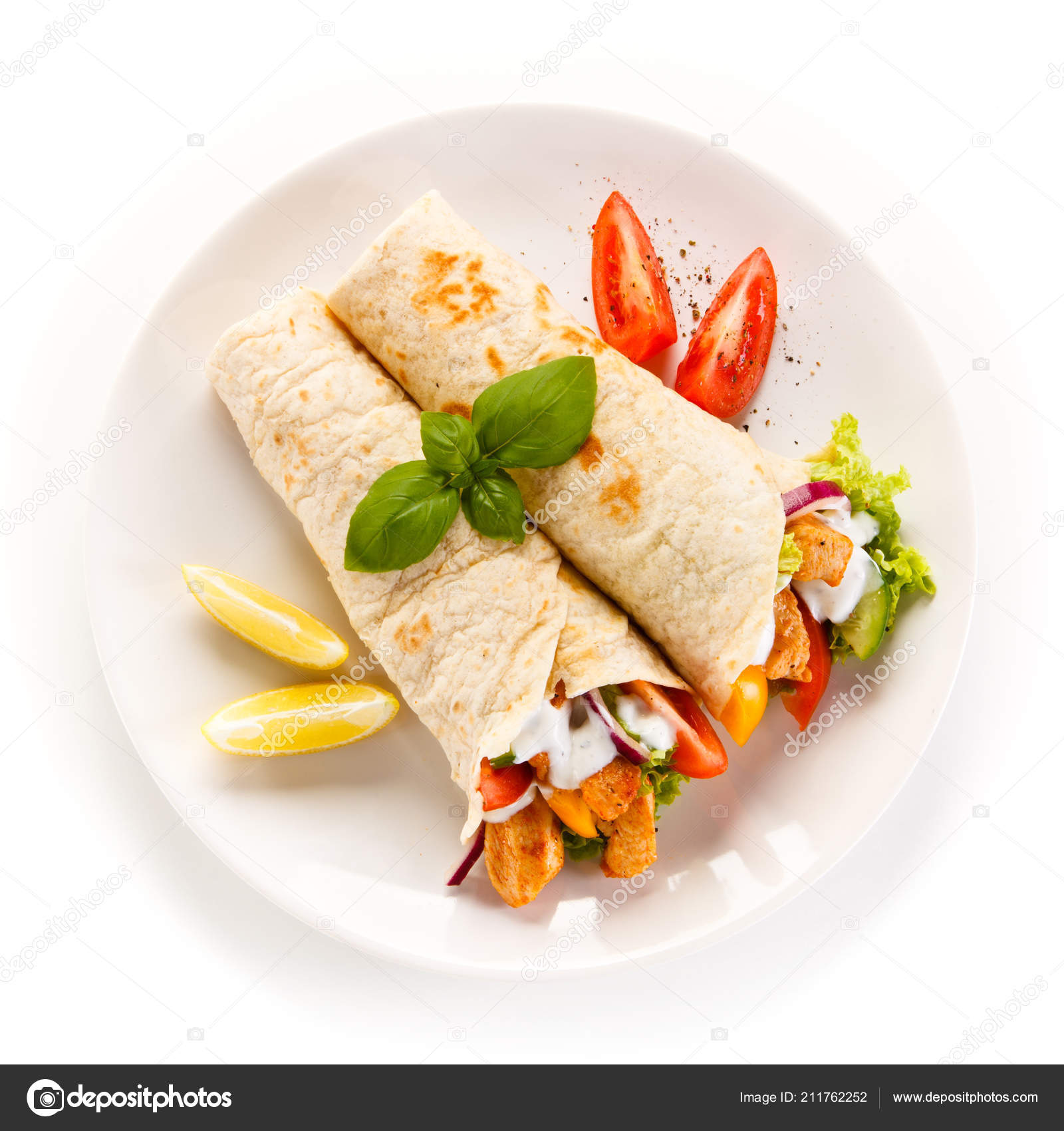 Top View Two Chicken Shawarma White Plate Tomatoes Lemon Stock Photo by ...