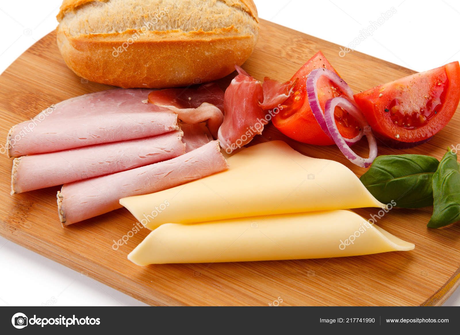 Wooden Platter Bun Sliced Ham Cheese Tomatoes Isolated White Background ...