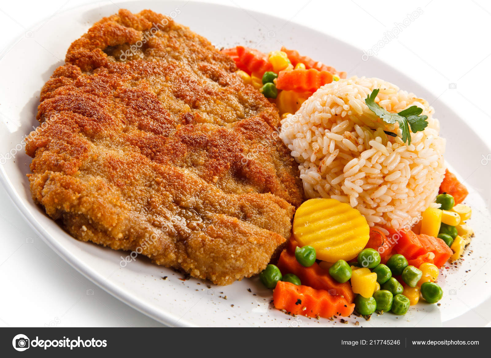 Breaded Pork Schnitzel Rice Steamed Vegetables White Plate Stock Photo ...