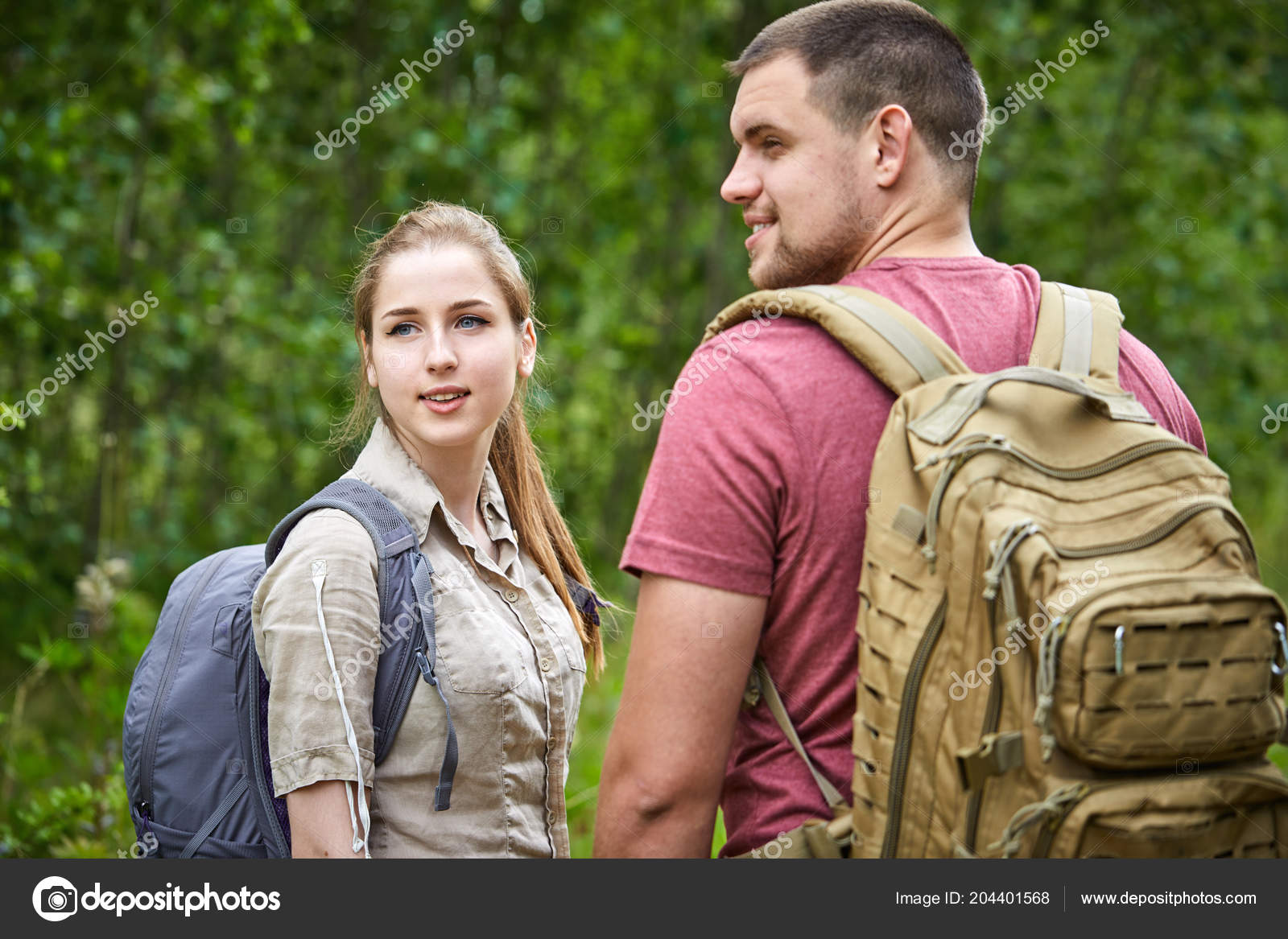 Two Travelers Walking Forest Sunny Day — Stock Photo © strelok #204401568