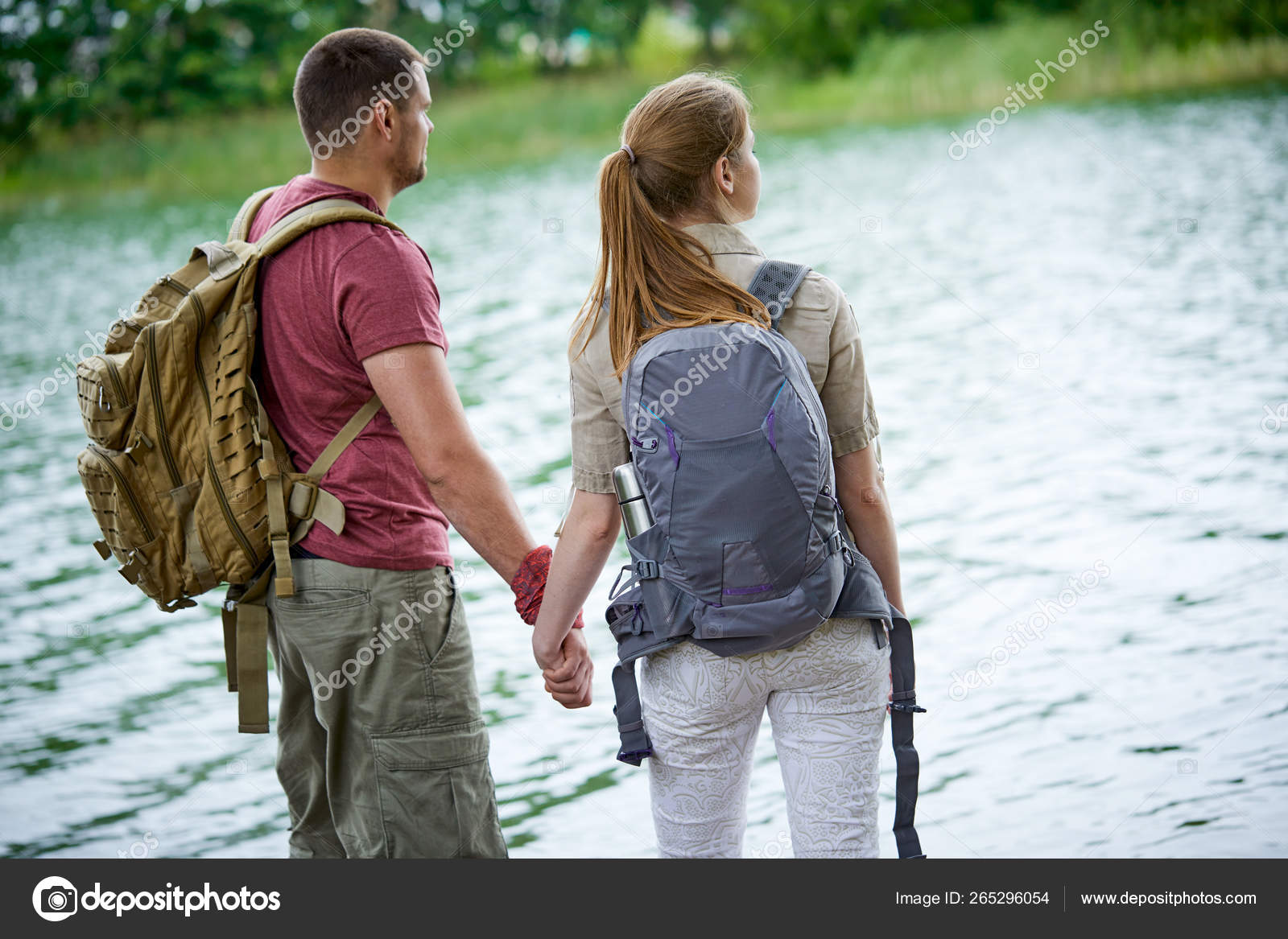 Two Travelers Holding Hands While Standing Lake Sunny Day — Stock Photo ...