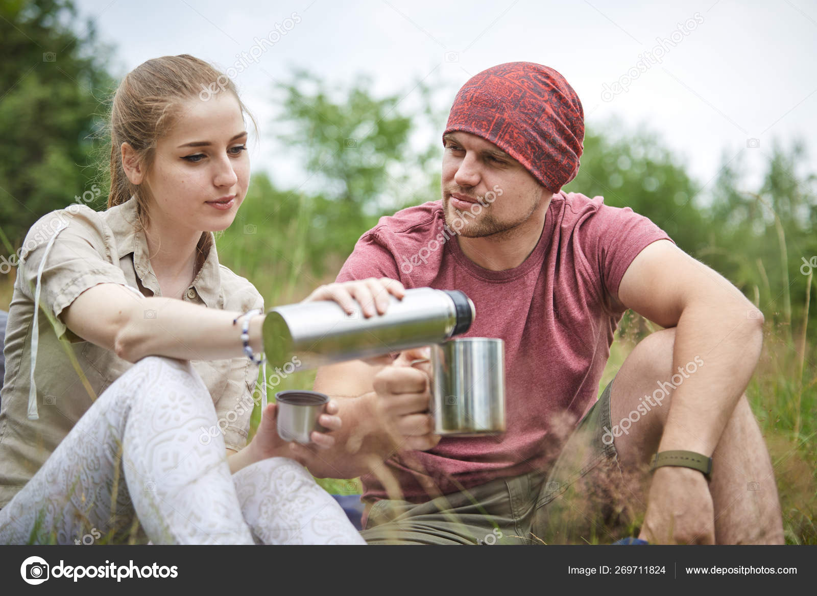 Two Travelers Thermos Sitting Green Grass Forest Picnic Concept — Stock ...