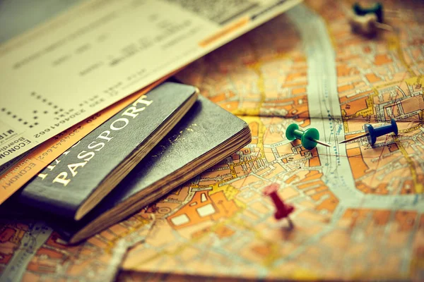 Pins Marking Travel Itinerary Points Map Passports Stock Photo by ...