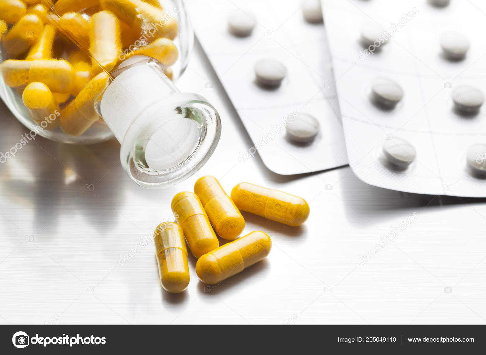 Medications Various Capsules Metal Table — Stock Photo © digieye #205049110