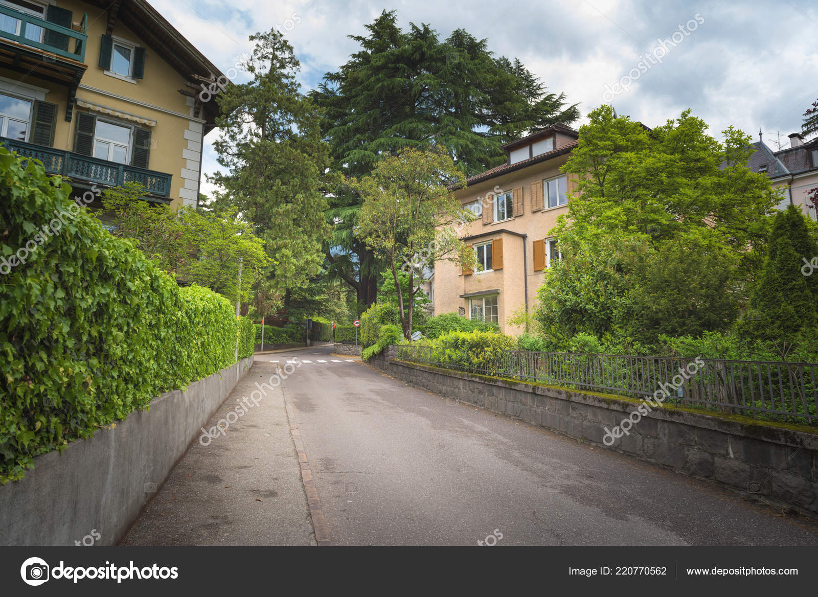 Side View Asphalt Road Street Suburban Residential Area Lot Green Stock ...