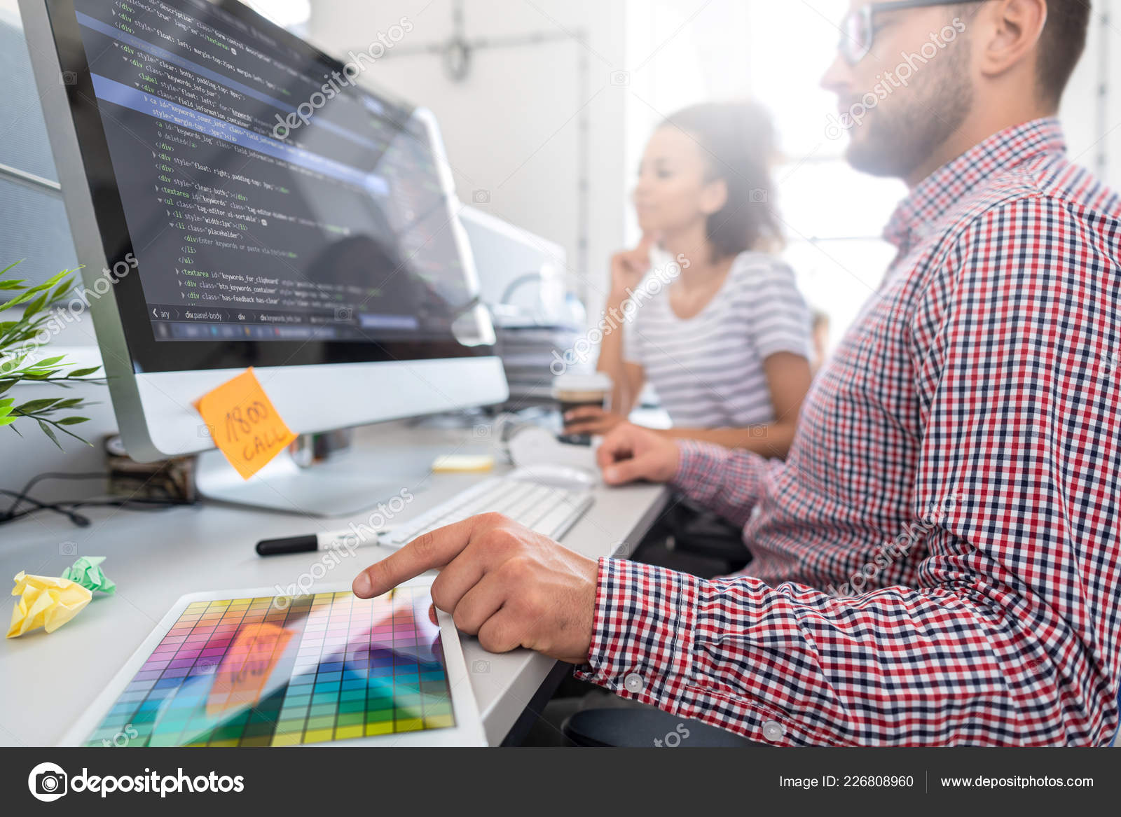 Man Woman Programmers Working Software Code Computer — Stock Photo ...