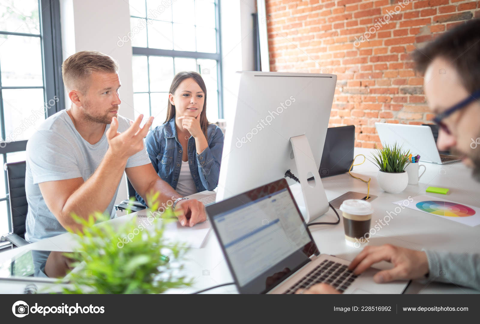 Man Woman Employees Interacting Computer Screen Stock Photo by ...