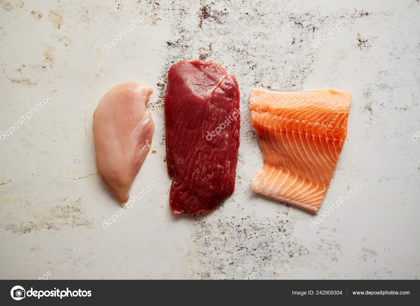 Fresh raw beef steak, chicken breast, and salmon fillet Stock Photo by ...