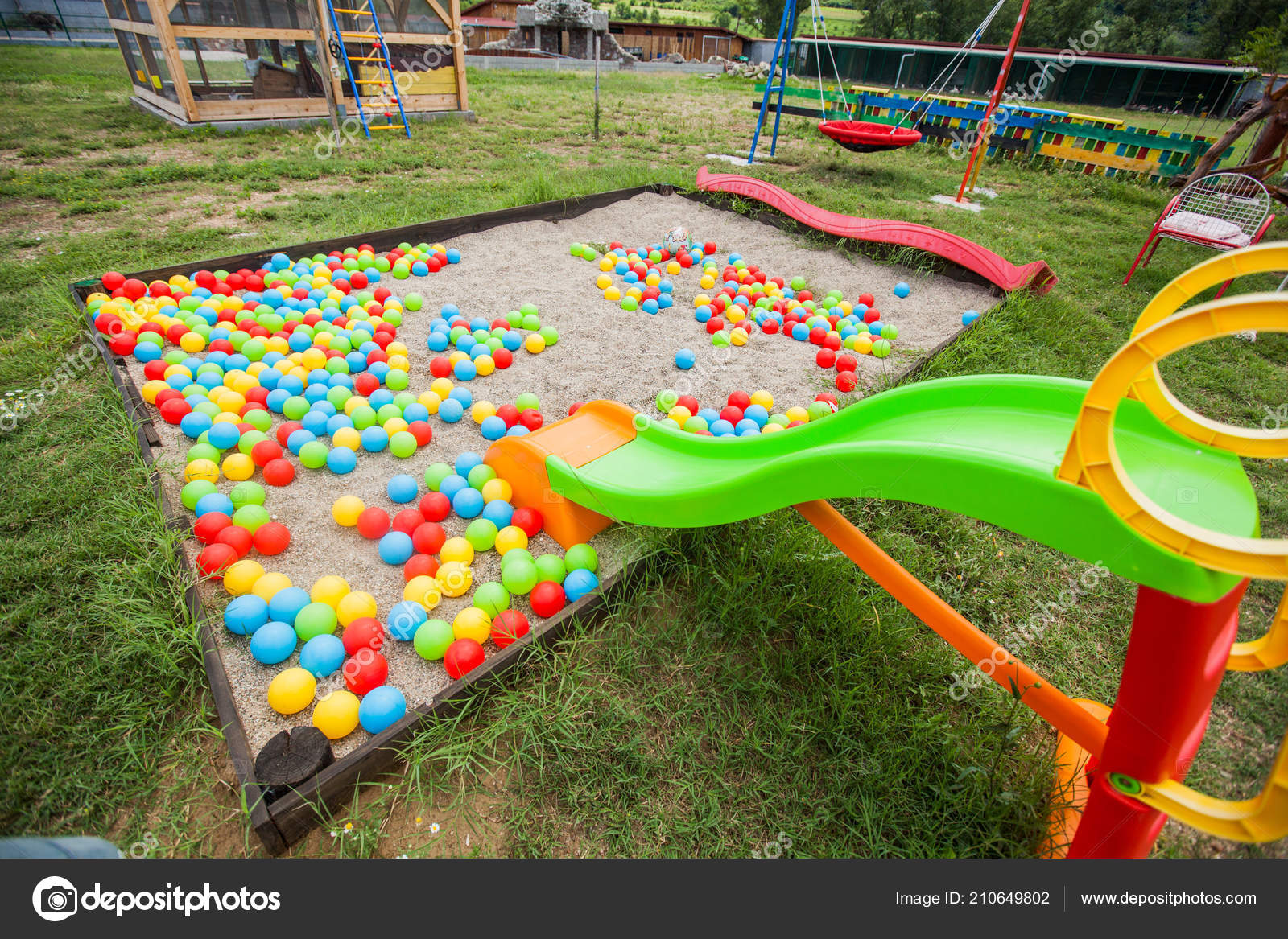 Children Playground Slides Colorful Balls Sand Outdoor — Stock Photo ... Children Playground Slides Colorful Balls Sand Outdoor — Stock Photo ...