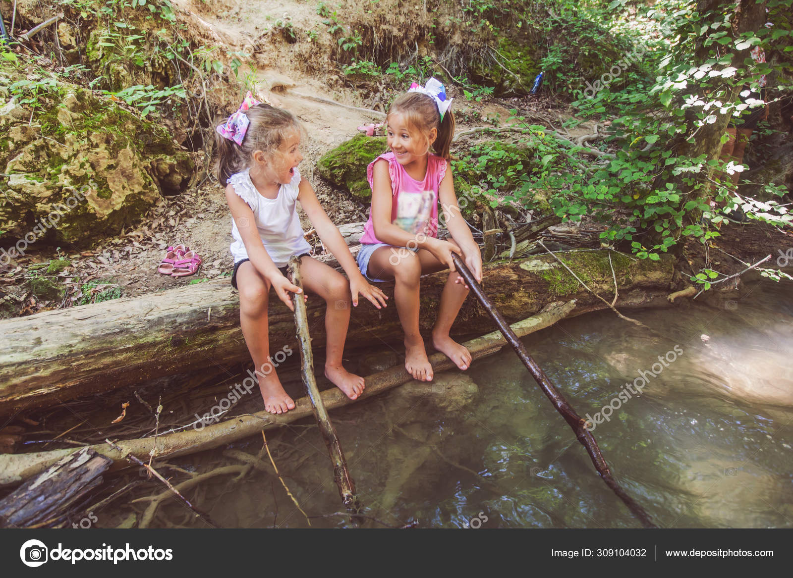 Children having fun at forest creek on summer day in nature — Stock ...