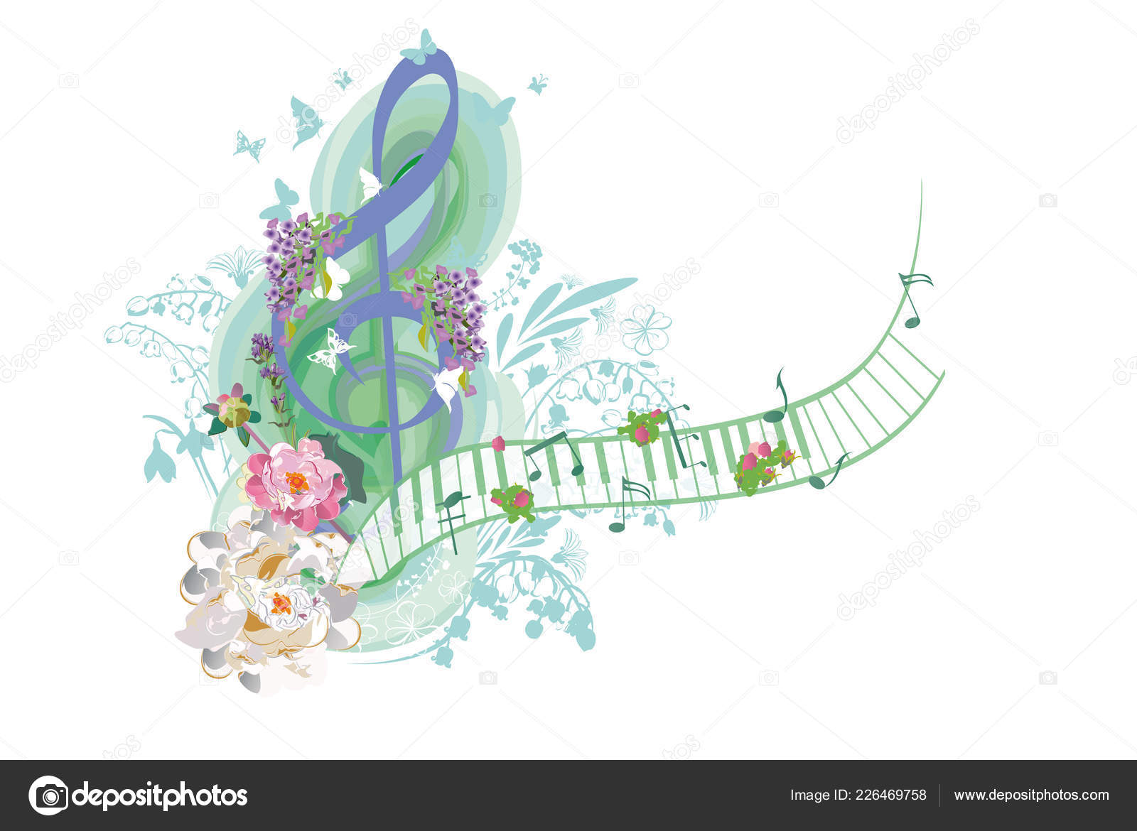 Abstract Treble Clef Decorated Summer Spring Flowers Palm Leaves Notes ...