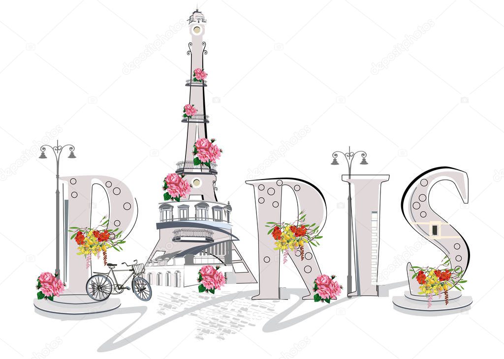 Letras París decorada con flores y elementos arquitectónicos. 2024