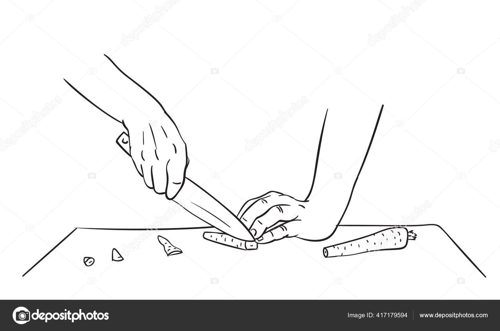 Close Hands Cutting Carrot Knife Chopping Board Vector Drawing Hand ...