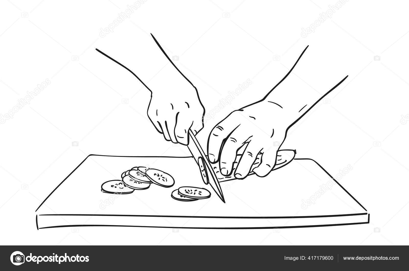 Close Hands Cutting Cucumber Knife Chopping Board Vector Drawing Hand ...