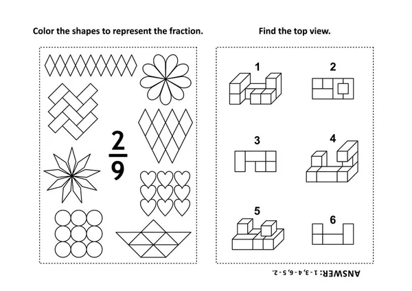 Two Visual Math Puzzles Coloring Pages Color Shapes Represent Fraction ...