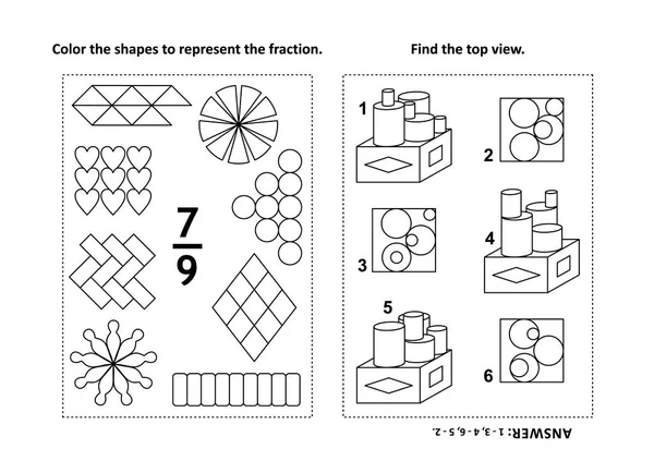 Two Visual Math Puzzles Coloring Pages Color Shapes Represent Fraction ...