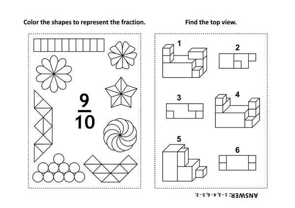 Two Visual Math Puzzles Coloring Pages Color Shapes Represent Fraction ...