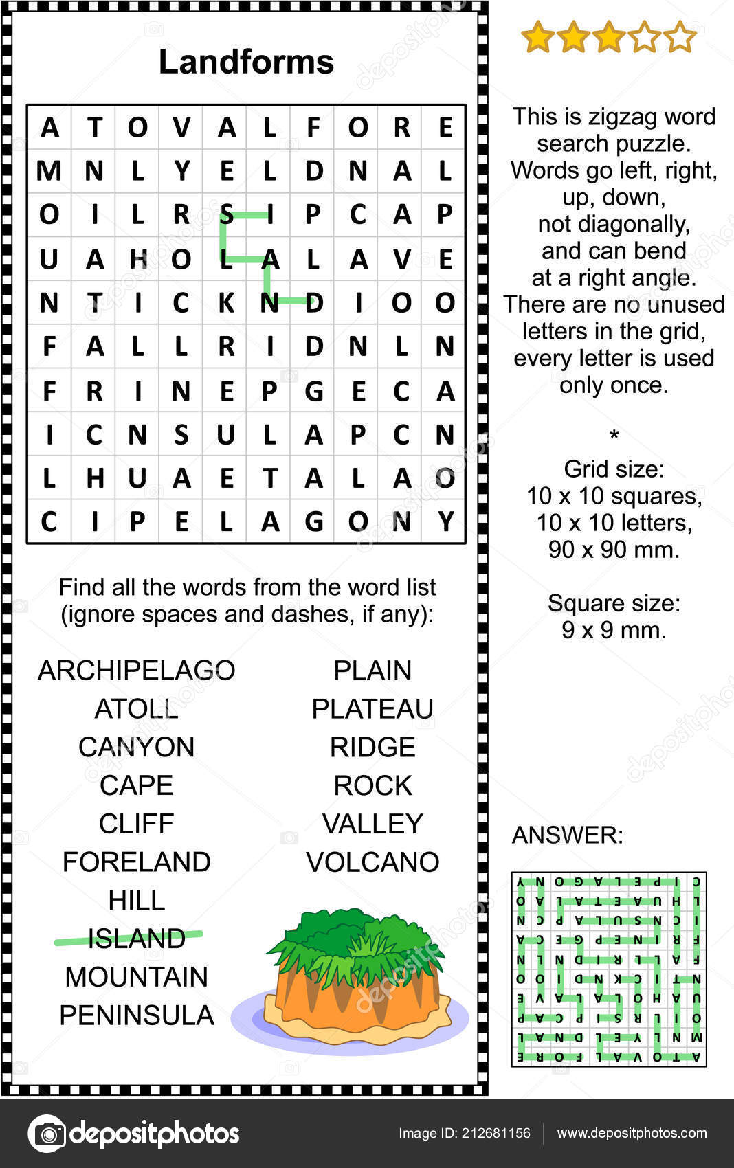 Landforms Themed Zigzag Word Search Puzzle Suitable Both Kids Adults ...