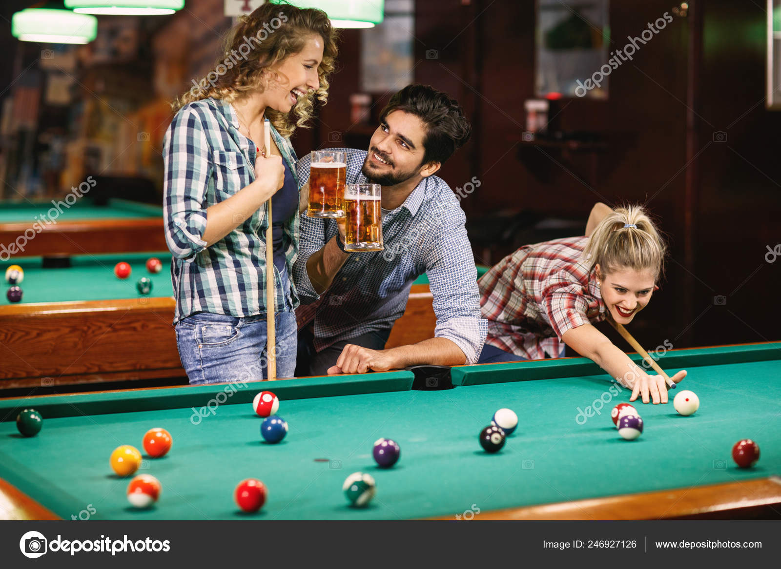Billiard Game Group Fun Friends Playing Pool Together — Stock Photo ...