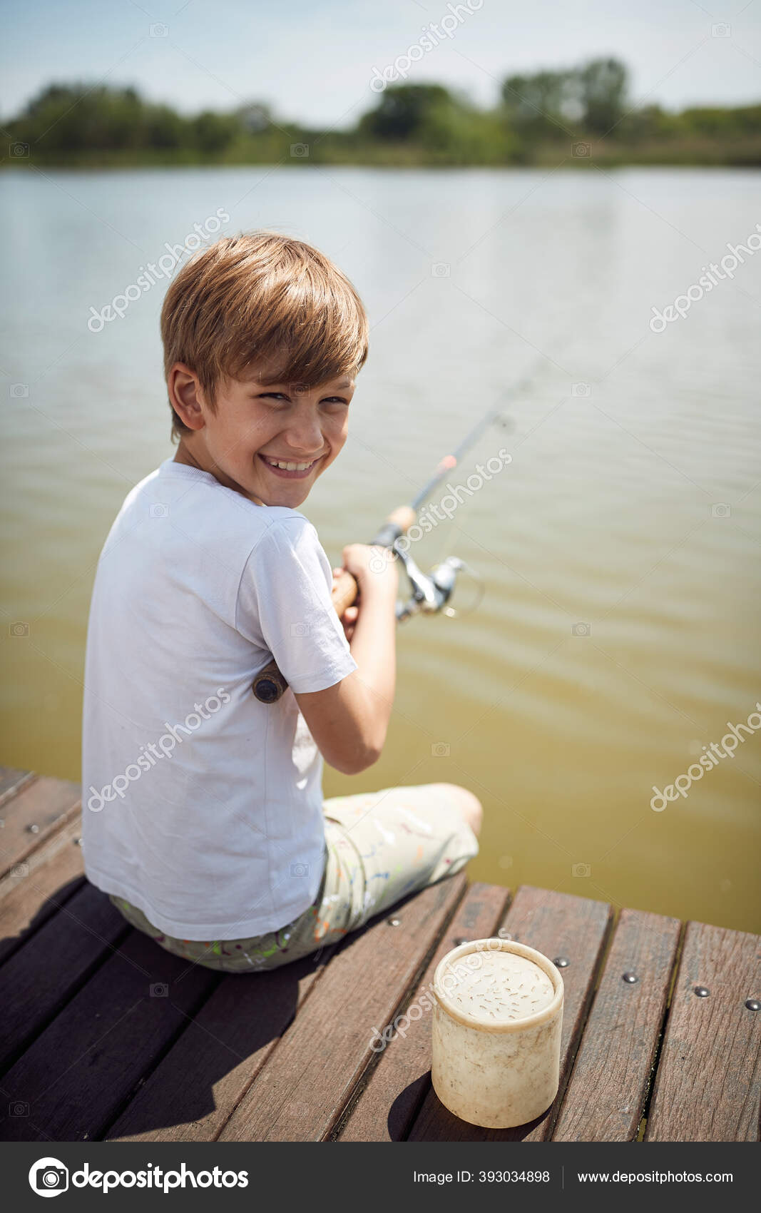 Smiling Boy Having Fun Fishing Pond Summer Joy Vacation — Stock Photo ...