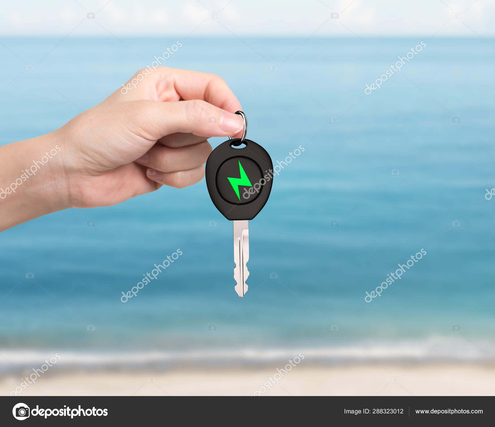 Hand give electric car key with green lightning bolt sign. — Stock ...