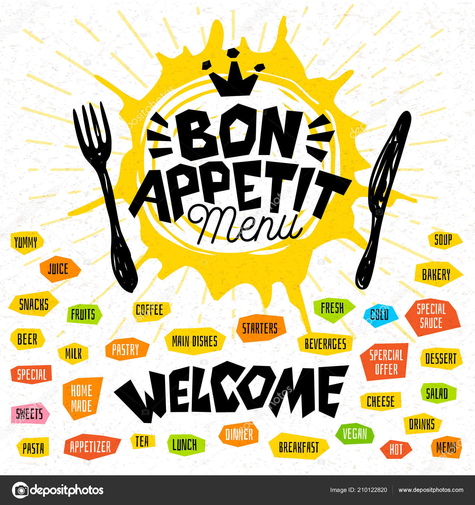 Menu de aperitivo Bon Bem-vindo, garfo, faca, menu . imagem vetorial de ...