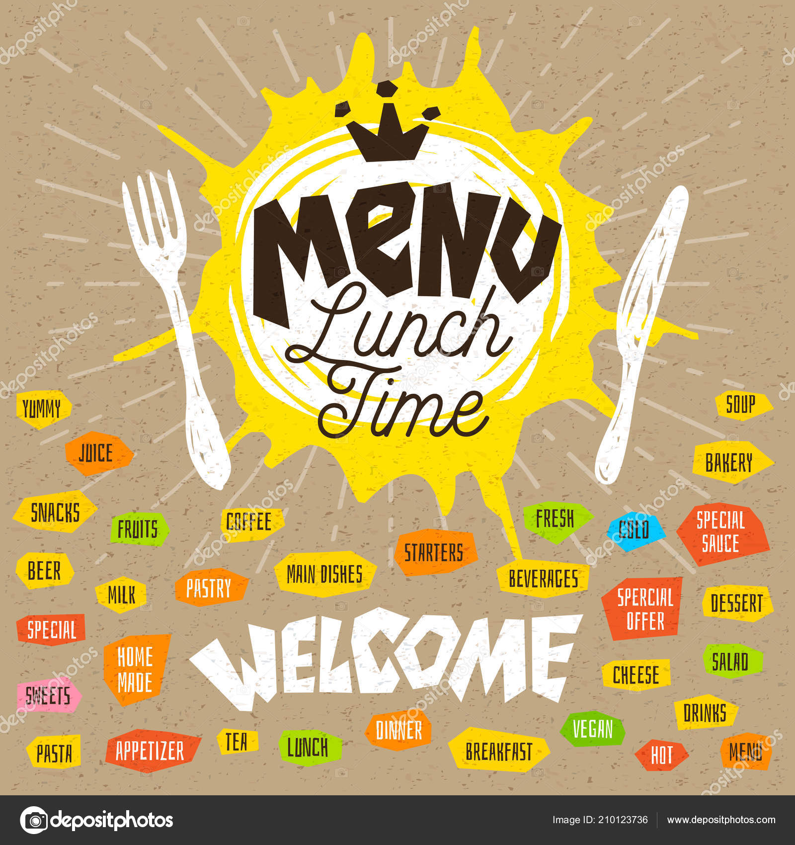 Menu Lunch time logo, fork, knife, breakfast time. Lettering, graphics ...