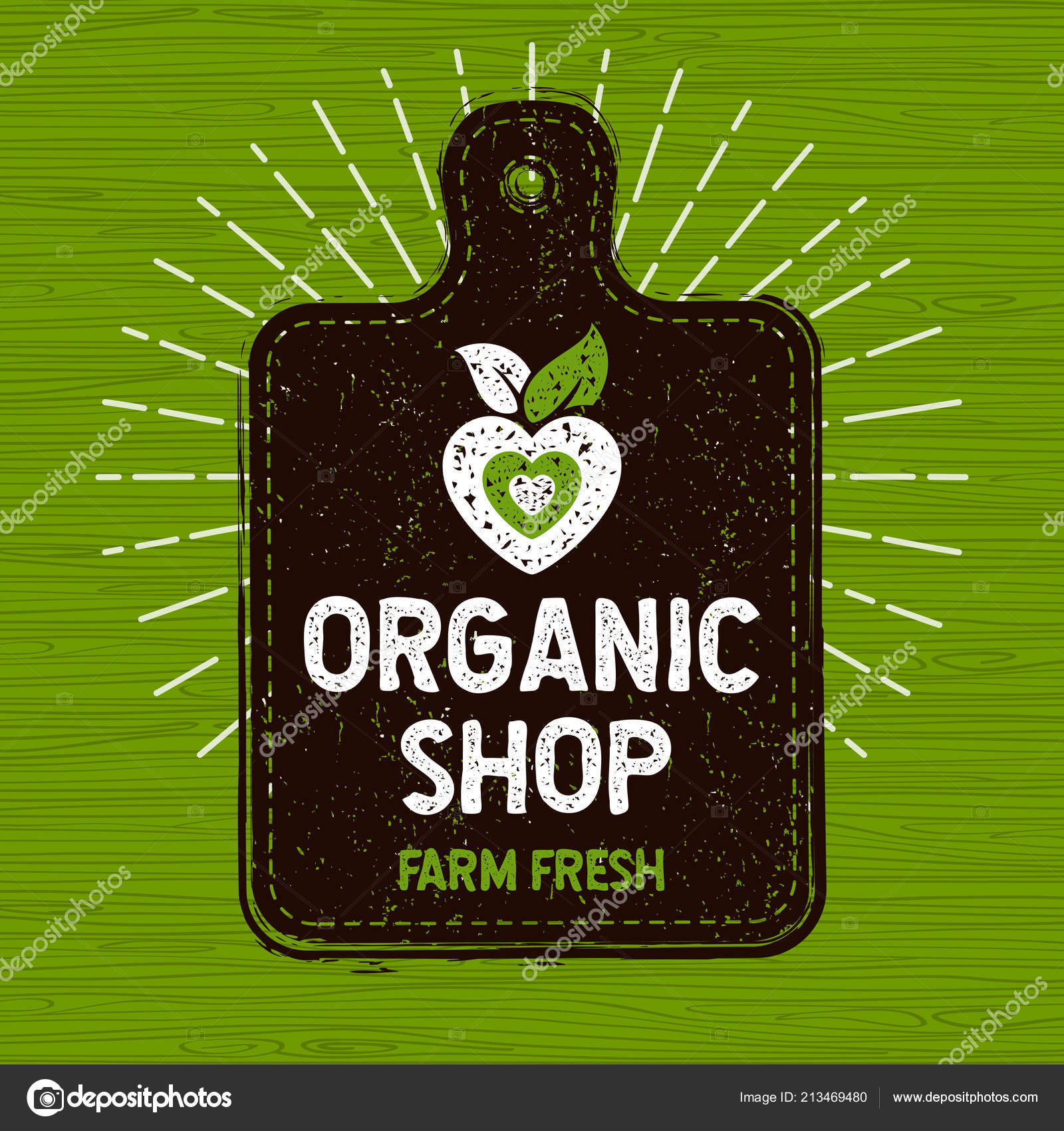 Organic shop logo, farm fresh food label, cutting board, rays, wood ...