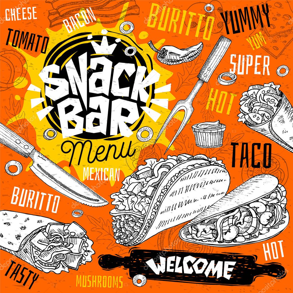 Snack bar cafetería menú del restaurante. Mexicano, Taco, tarjetas de ...