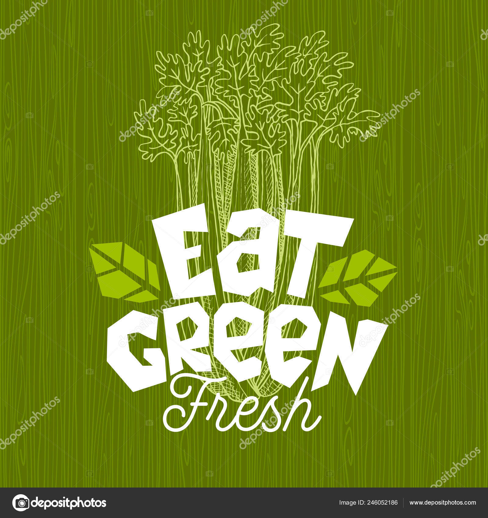 Eat green logo, farm fresh food label, wood board, leafs, celery, bio ...