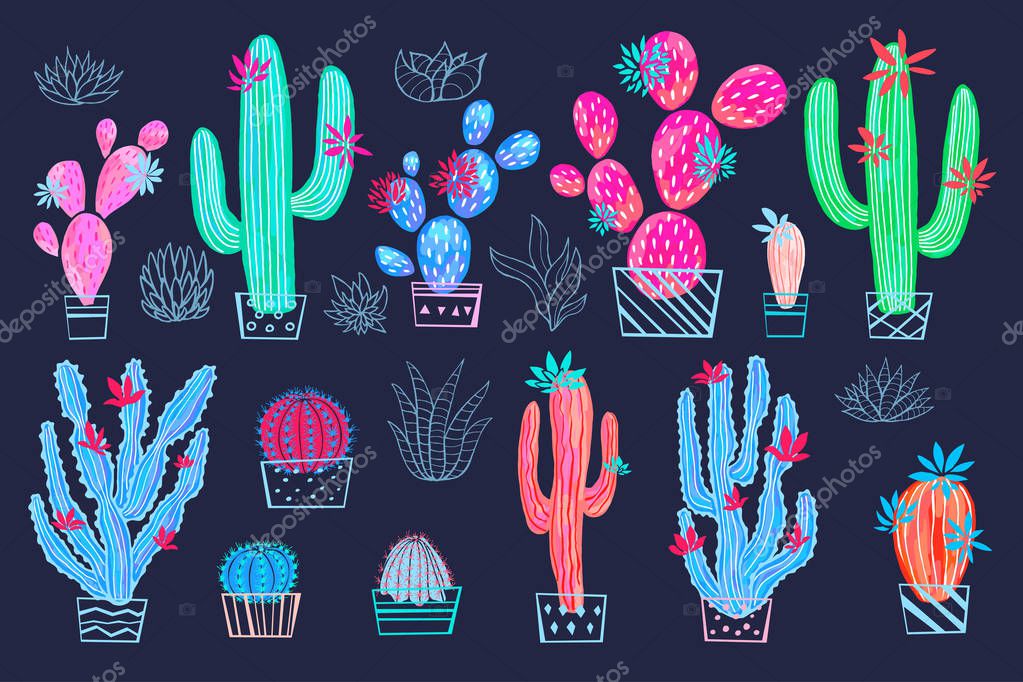 Cactus suculentas flores silvestres colorido acuarela boceto estilo impresi n. Planta bot nica ...