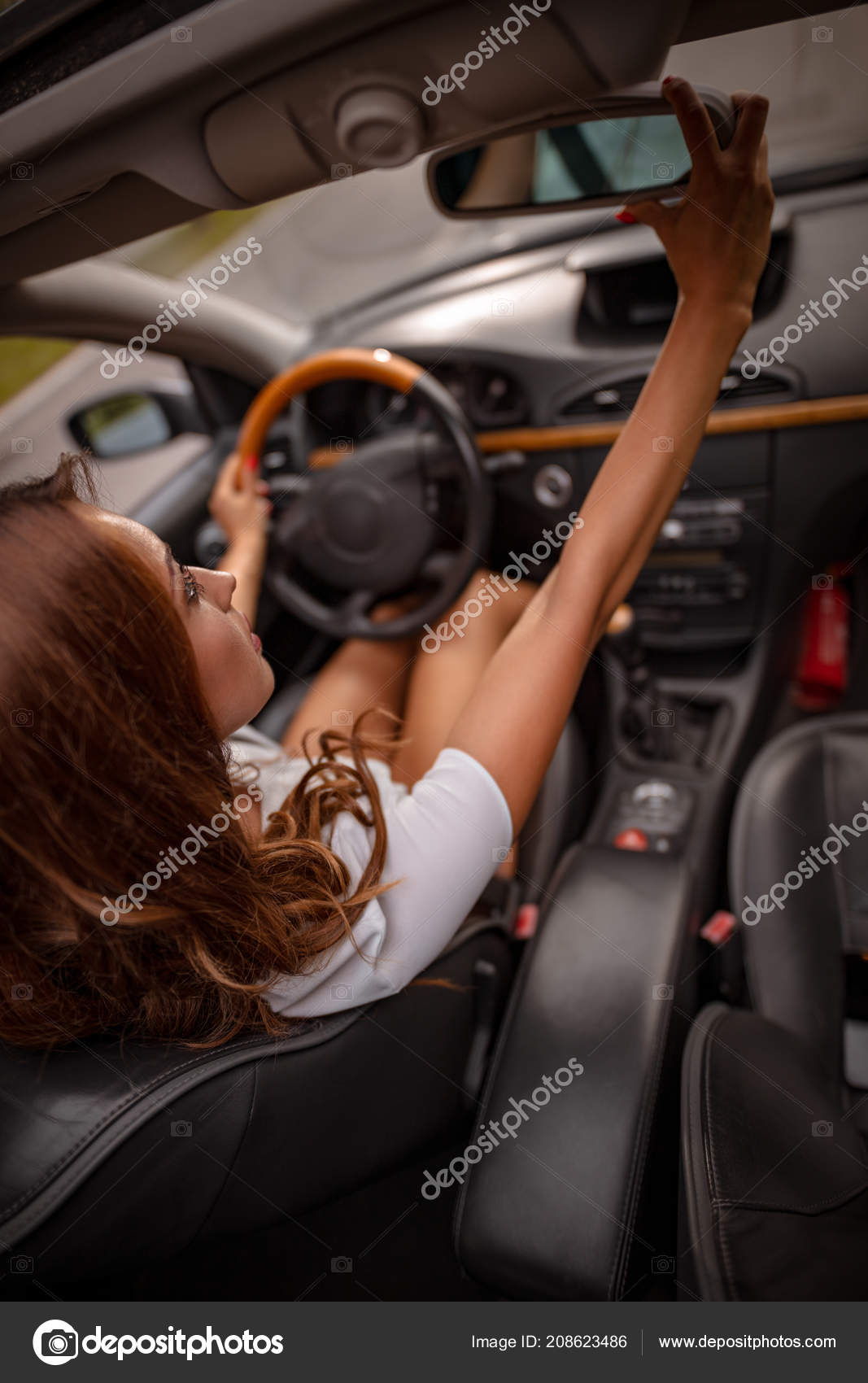 Beautiful Young Lady Looking Rear View Mirror While Driving Car — Stock ...