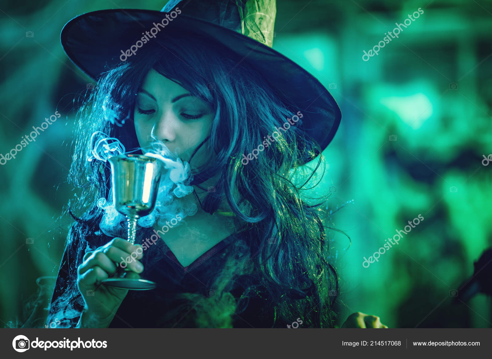 Young Witch Serious Face Holding Goblet Drinking Magic Potion Stock ...