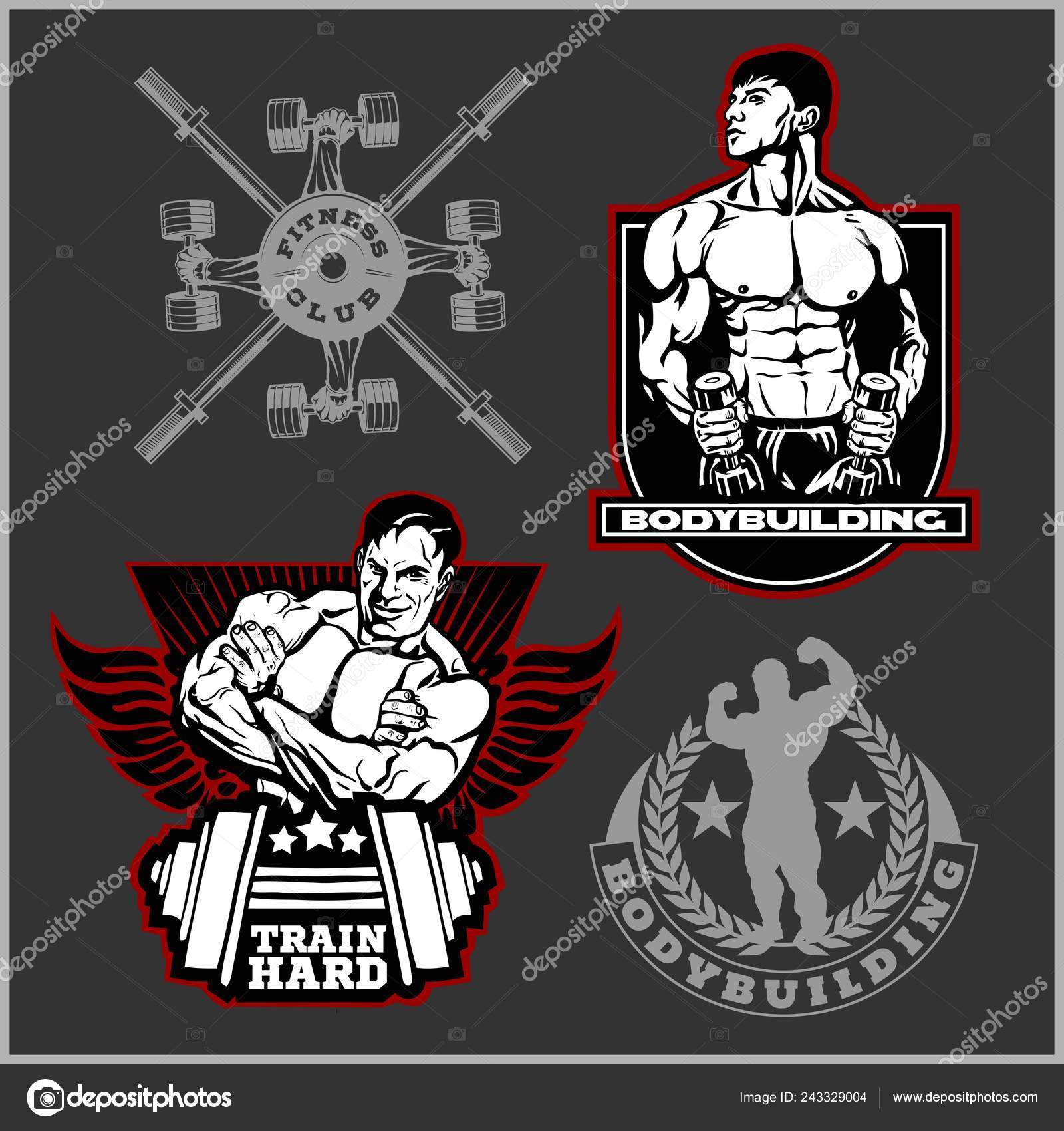 Bodybuilding Fitness Gym Logos Emblems Dark Background Stock Illustration by ©Digital-Clipart ...