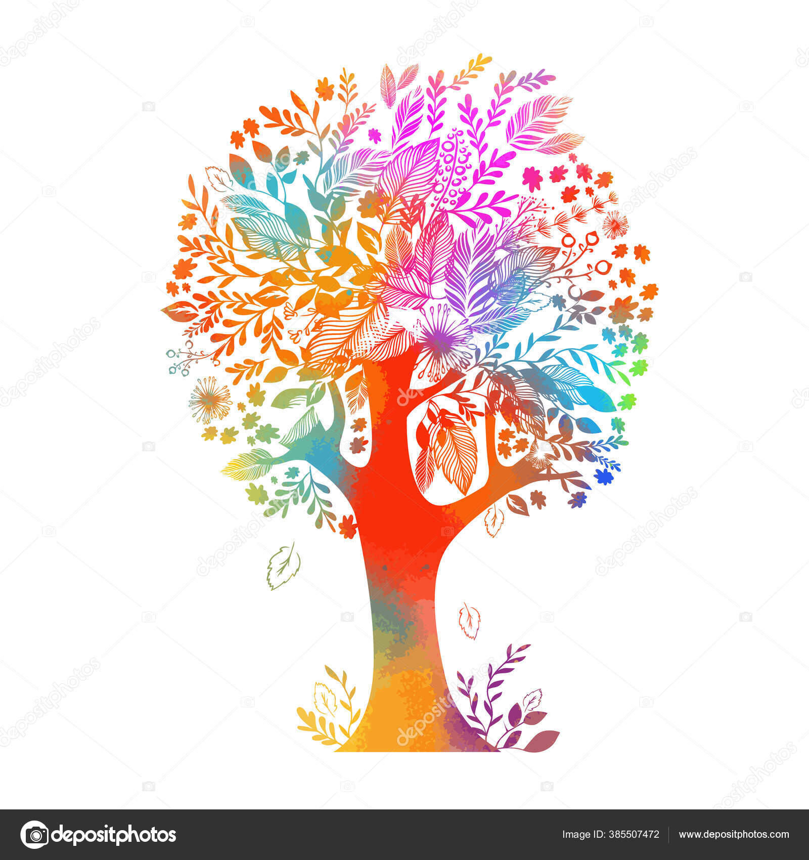 Multi Colored Tree Rainbow Leaves Flowers Vector Illustration Stock ...