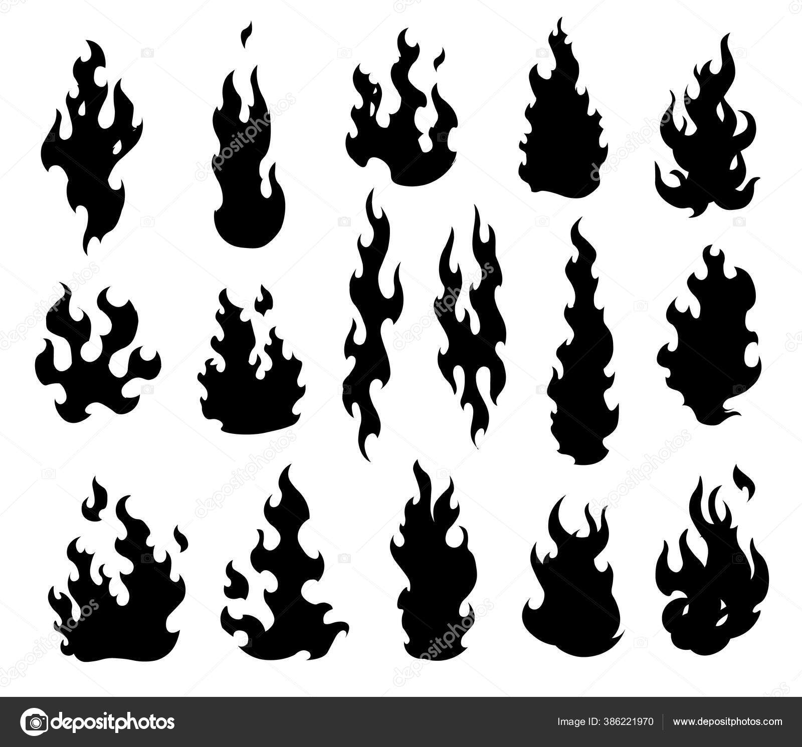 Set fire flames. Cartoon collection of abstract monochrome fires ...