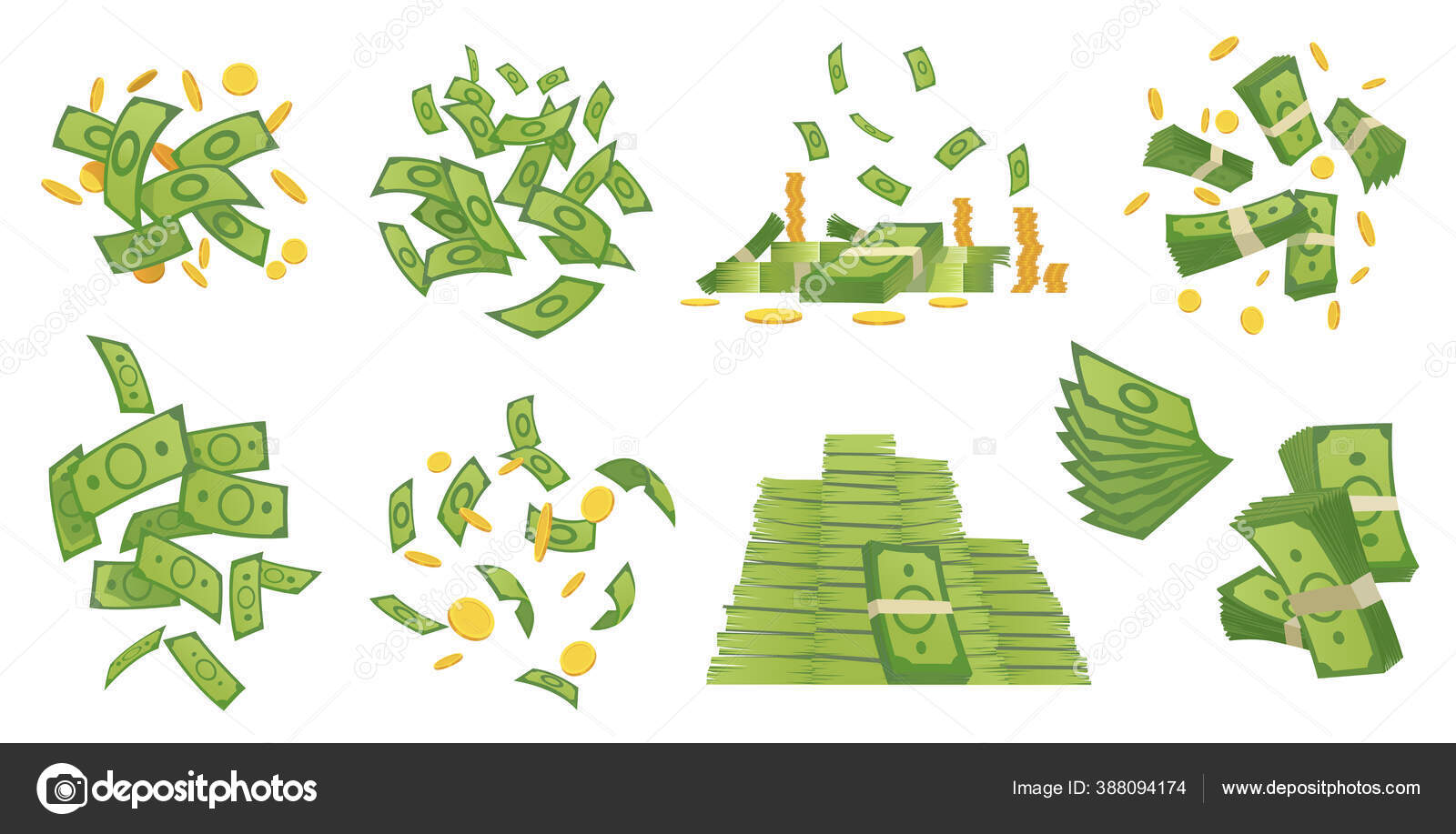 Cartoon money collection. Green banknote and gold coins cartoon vector ...
