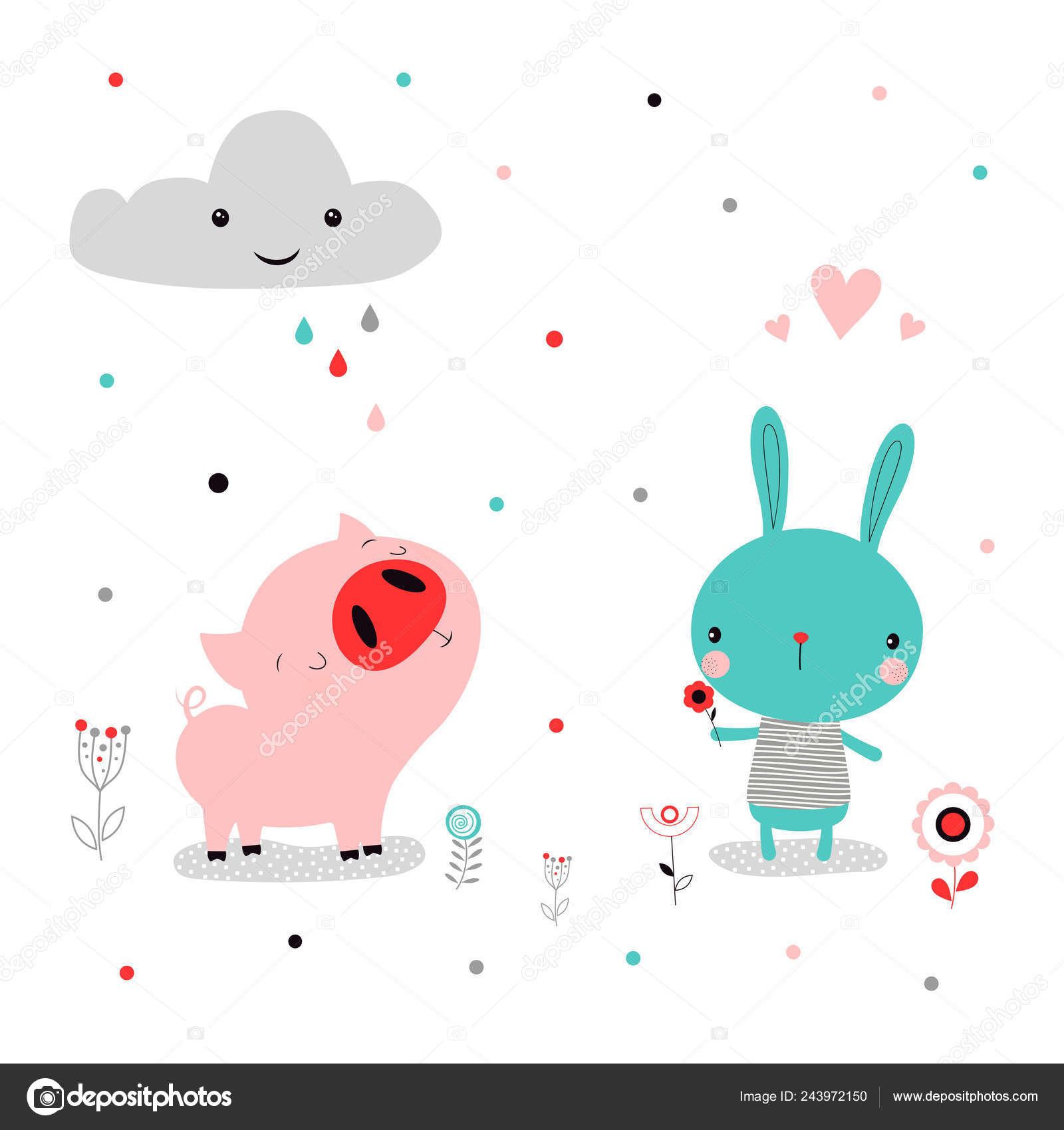 Card Bunny Pig Cloud Flowers Hearts Cute Print Animals Isolated Stock ...