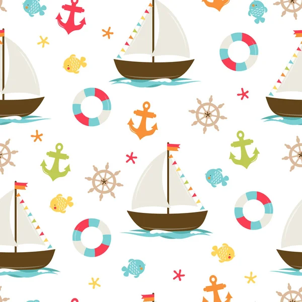 Sailboat Baby Seamless Pattern Isolated White Background Flat Design ...
