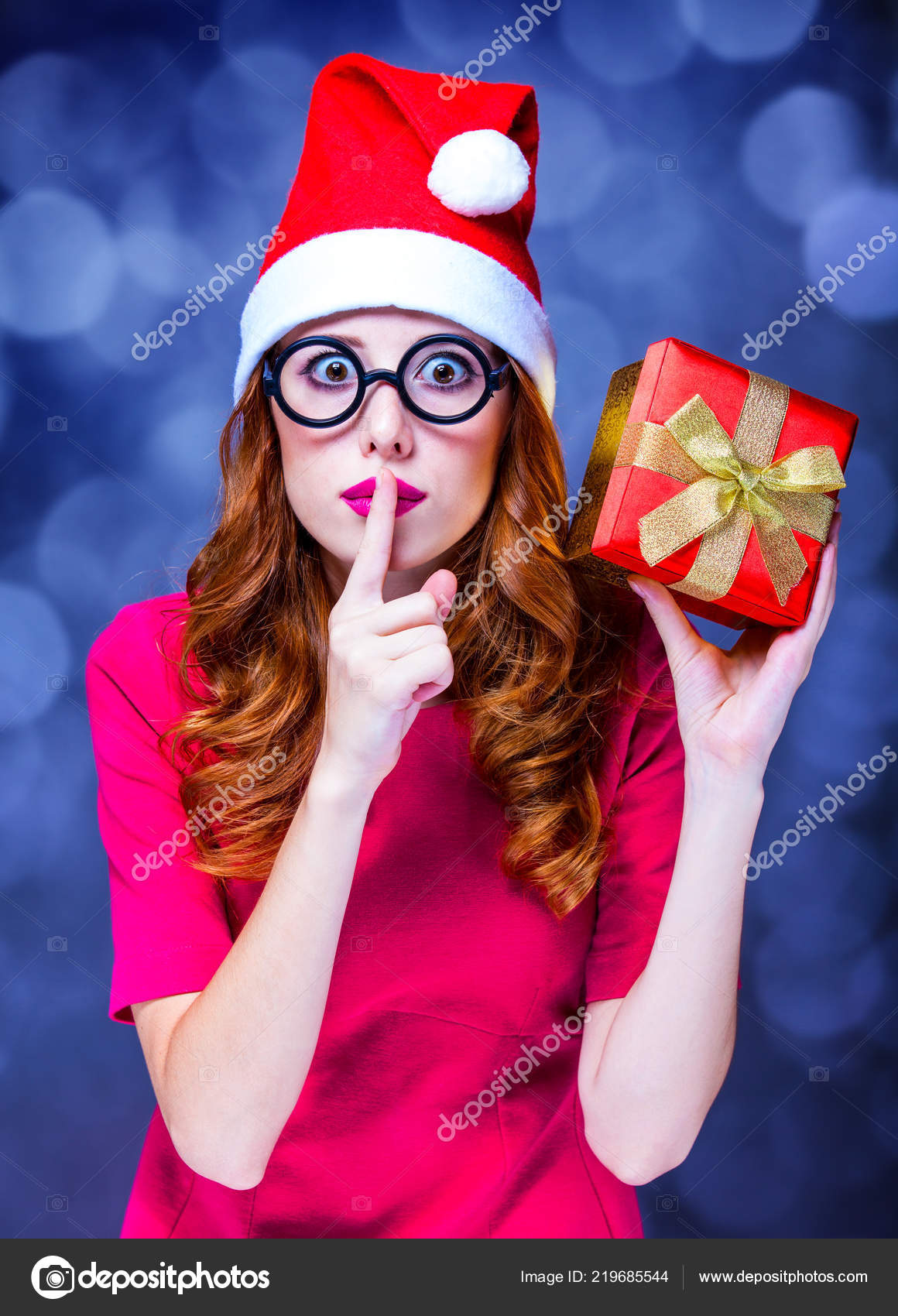 Surprised Redhead Girl Christmas Hat Red Gift Gray Background Stock ... Surprised Redhead Girl Christmas Hat Red Gift Gray Background Stock ...