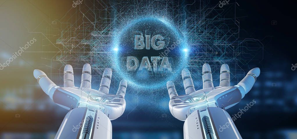 Vista de una mano Cyborg sosteniendo un título de Big data 3d ...