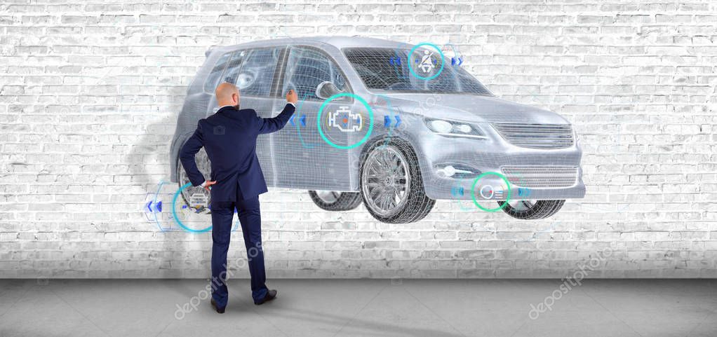Vista de un hombre sosteniendo un concepto de smart car 3d rendering 2024