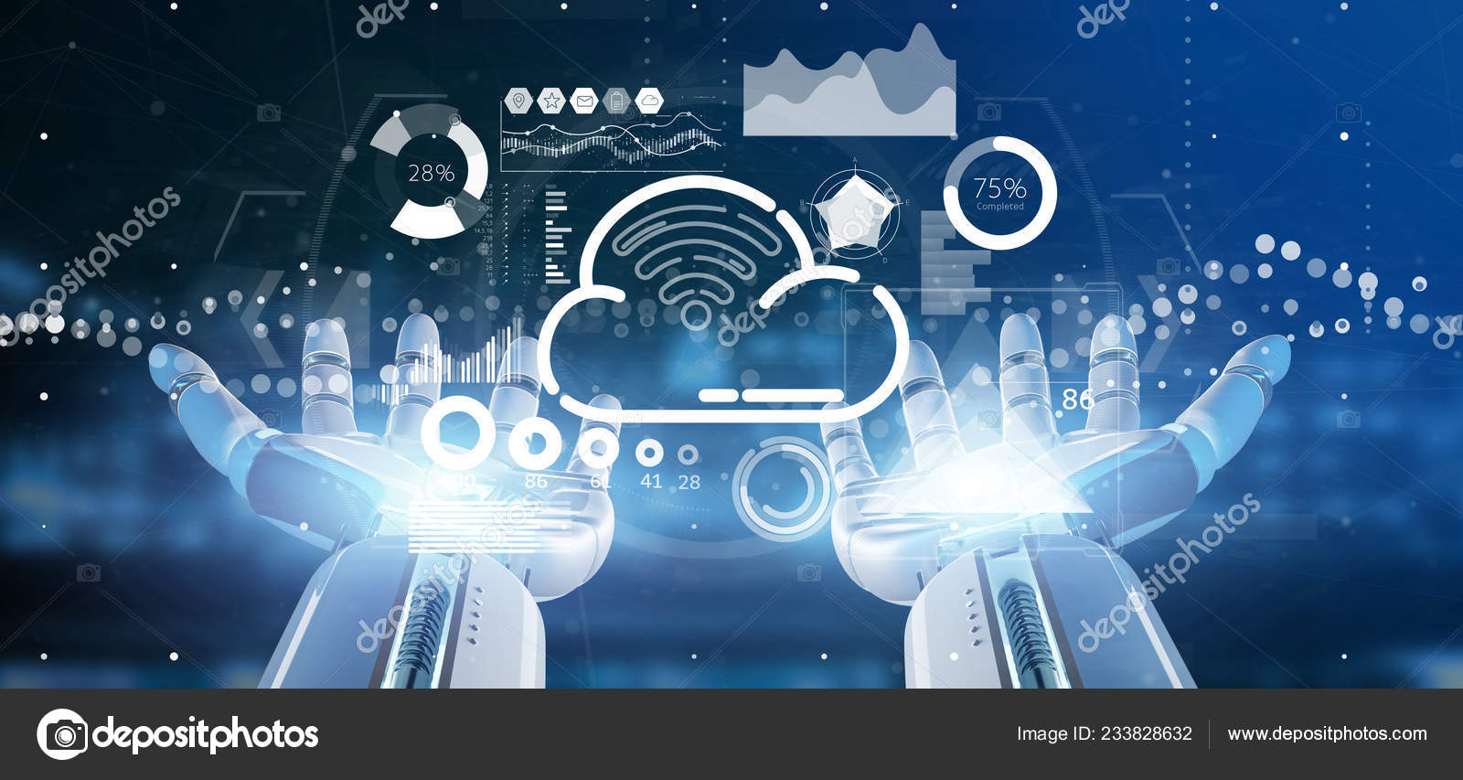 View Cyborg Hand Holding Cloud Wifi Concept Icon Stats Data — Stock Photo © perig76 #233828632