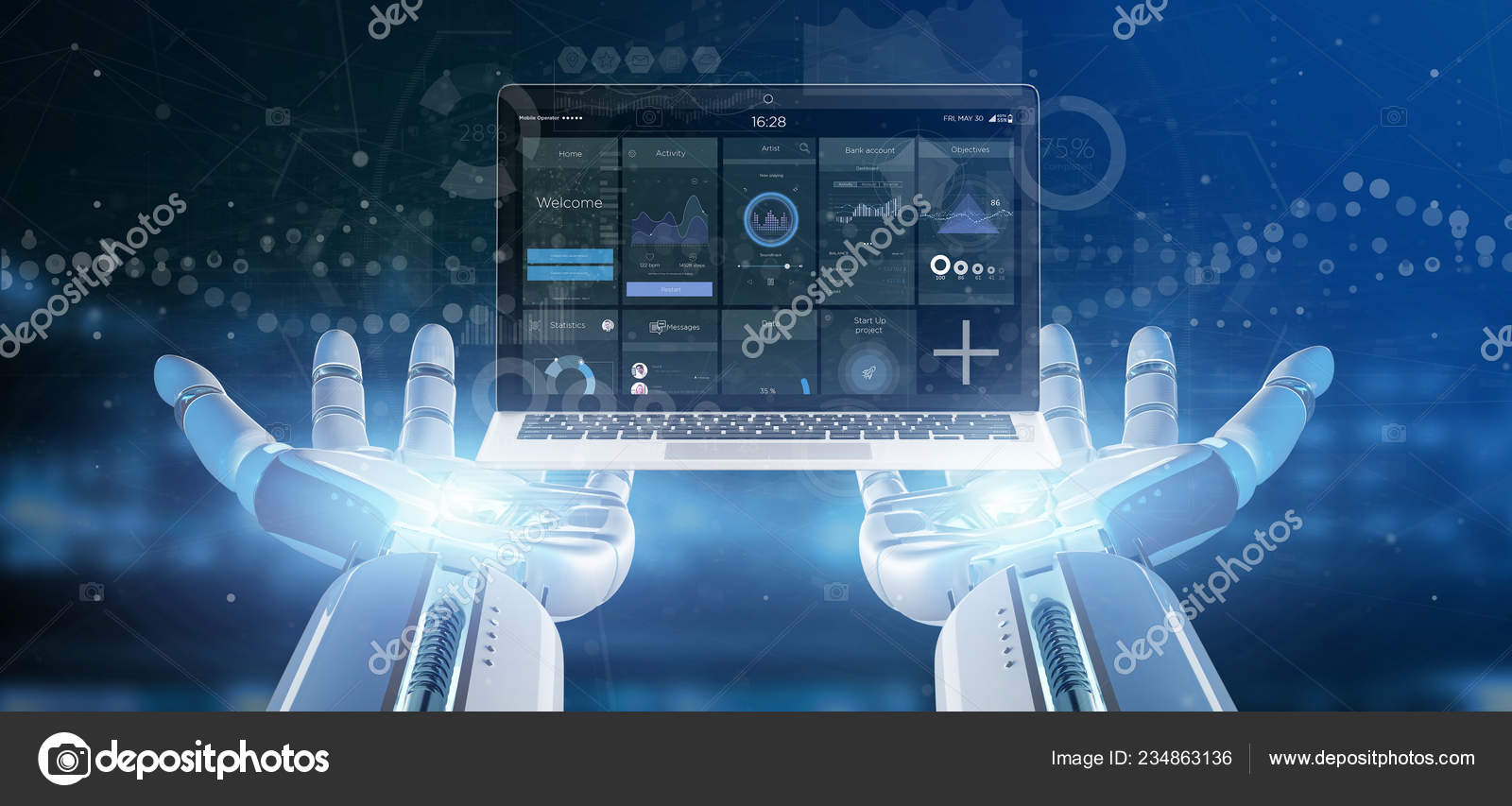 View Cyborg Hand Holding Laptop Business User Interface Data Screen ...