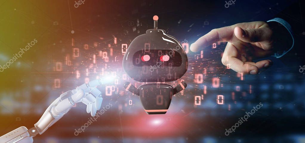 Vista de Cyborg celebración de la mano Virus chatbot con código binario ...