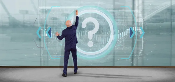Man holding a Technology question mark icon on a circle 3d rende ...