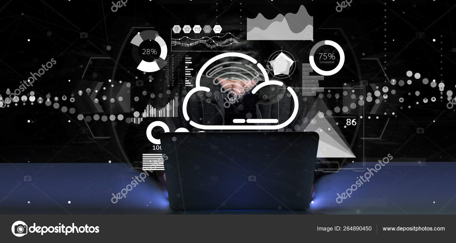 Hacker man holding Wifi icon with stats and binary code 3d rende ...